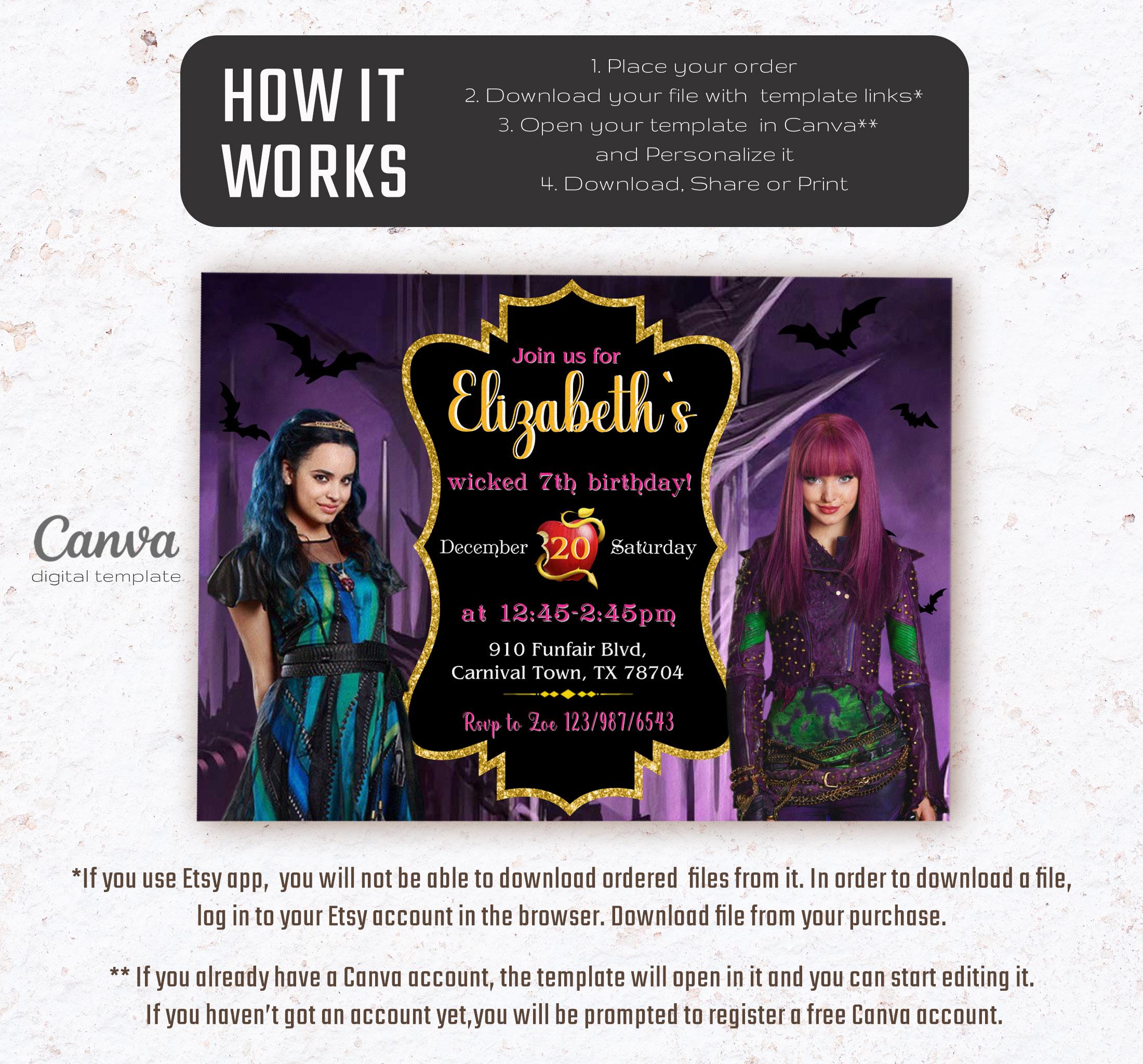 Descendants Invitation, Printable Editable Descendants Birthday Invite ...