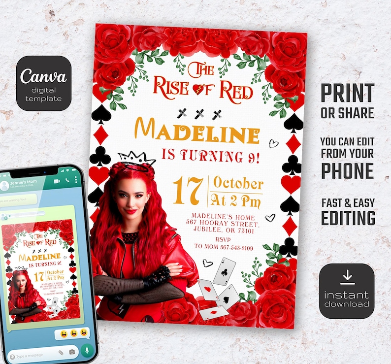 Descendants Rise of Red Invitation, Printable Editable Birthday Invite ...