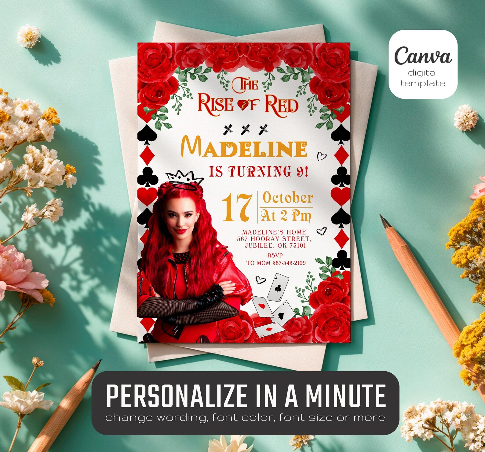 Descendants Rise of Red Invitation, Printable Editable Birthday Invite ...