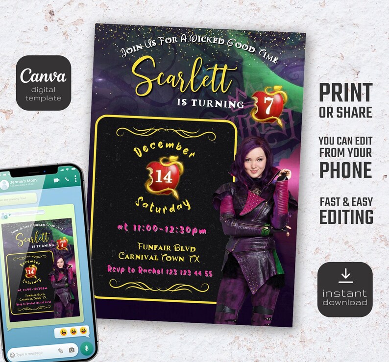 Descendants Invitation, Printable Editable Descendants Birthday Invite ...