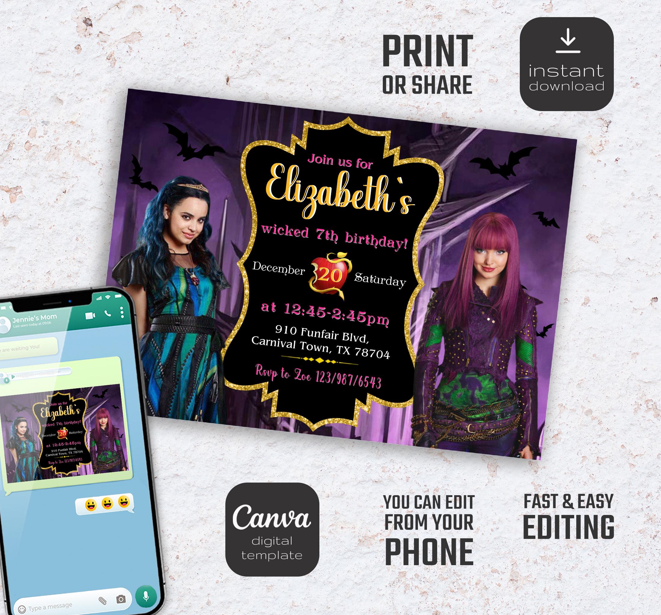 Descendants Invitation, Printable Editable Descendants Birthday Invite ...