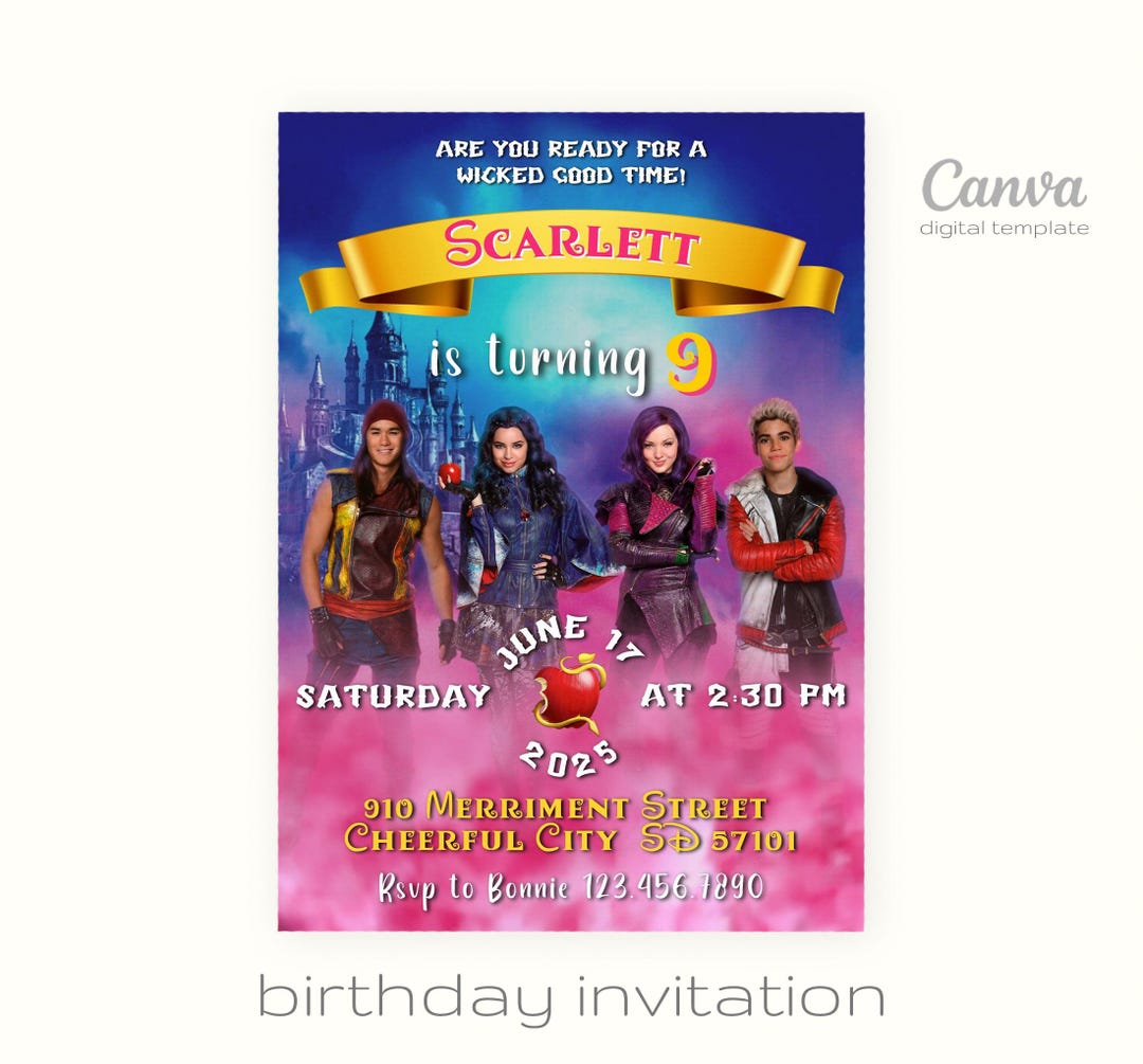 Descendants Invitation, Printable Editable Descendants Birthday Invite ...