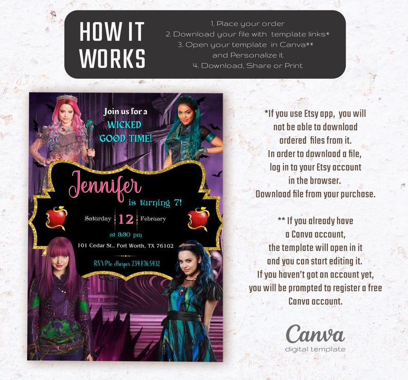 Descendants Invitation, Printable Editable Descendants Birthday Invite ...