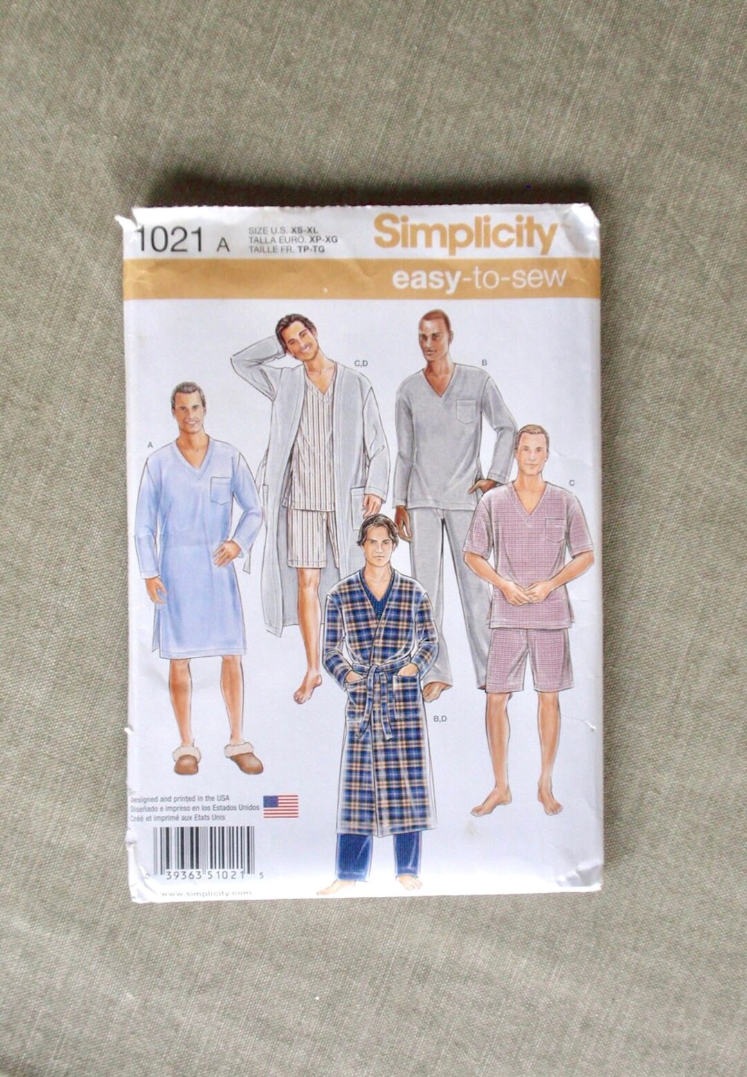 Simplicity 1021 Easy Men's Robe, Nightshirt & Pajamas, Sizes XS - XL, Chest 30"-48", V-neck Wrap ...