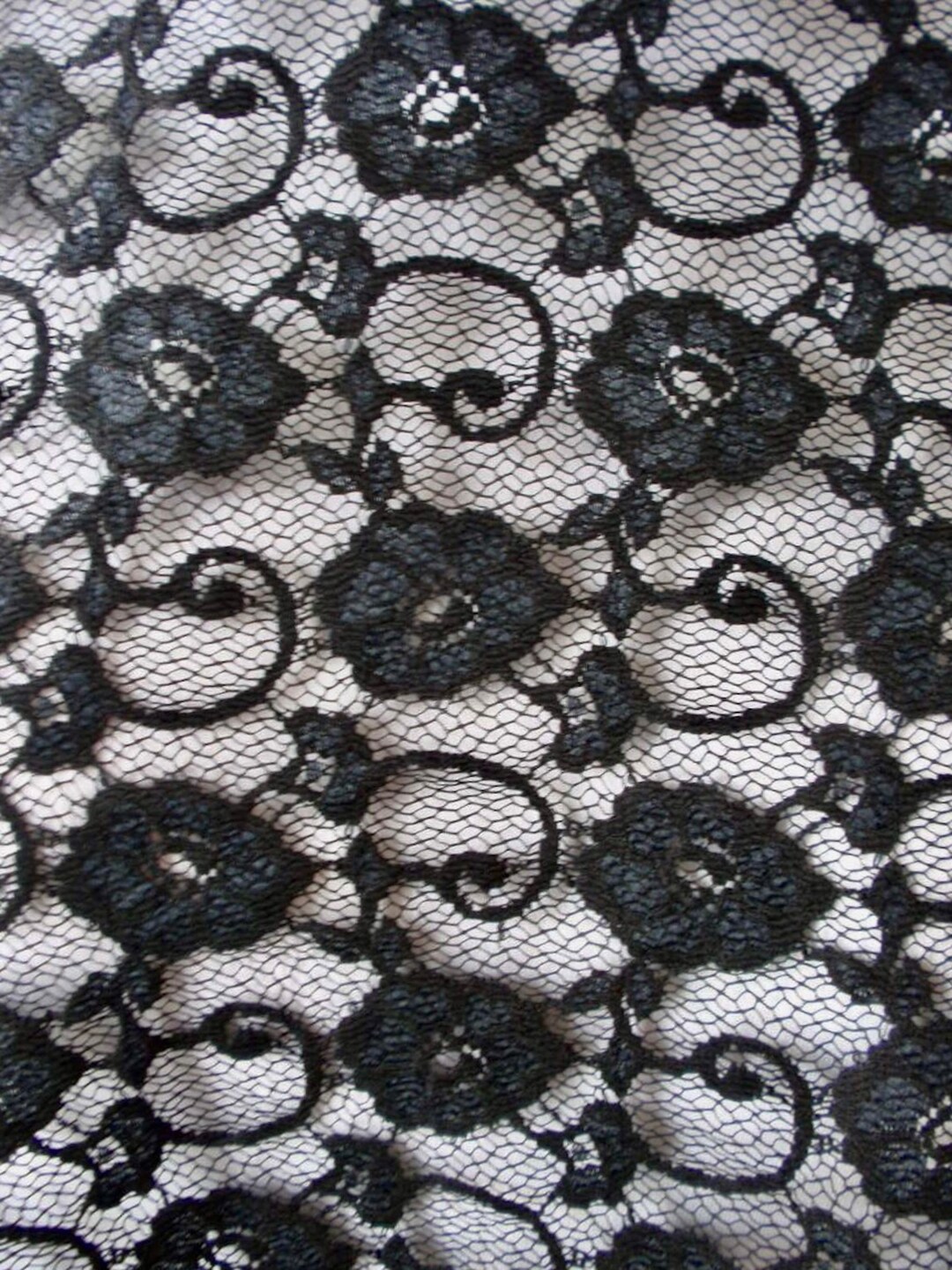 Black Floral Lace Net Fabric, 1 1/4 Yds, 52" Wide Roses & Tendrils Lace ...