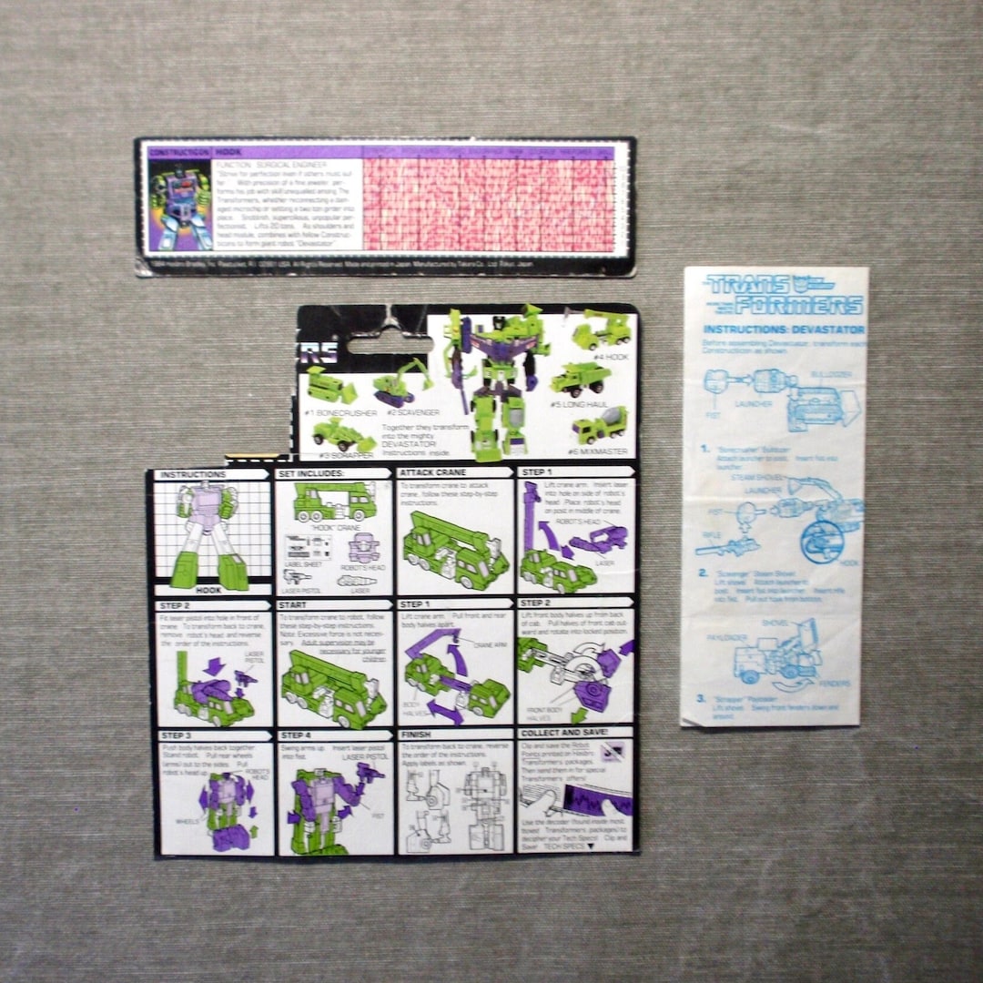 1984 Transformers® G1 "hook" Constructicon, Genuine Tech Specs W/date ...