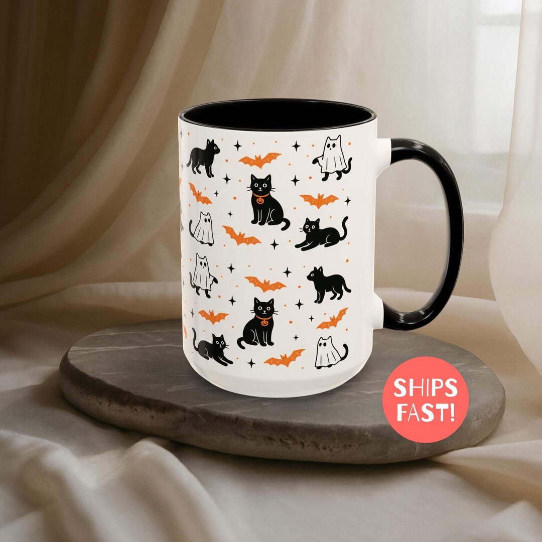Halloween Cat Mug: Colorful Spooky Coffee Cup, Cat Lover Gift - Etsy