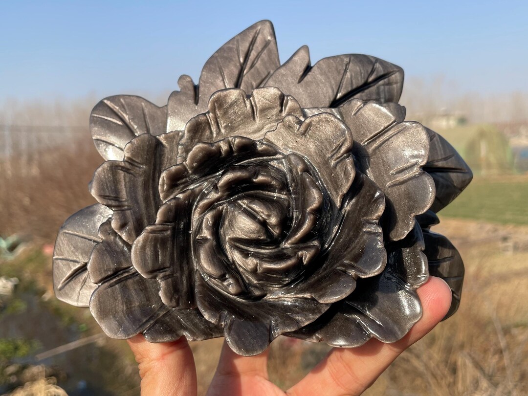 Silver Obsidian Flower Skull: Hand Carved Crystal, Home Decor - Etsy