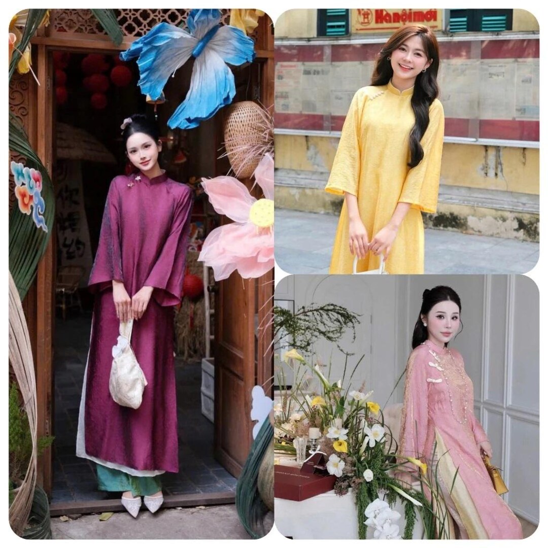 Pre-made Ao Dai Viet Nam-4-panel High Neck Loose Fit Vietnamese Tet ...