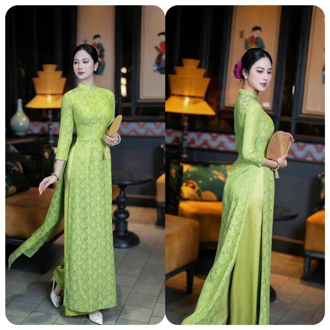 Pre-made Ao Dai Viet Nam-green Brocade Vietnamese Ao Dai – Elegant ...