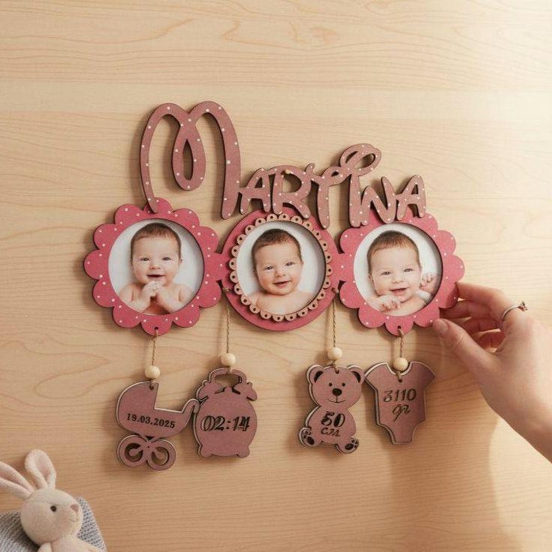 Personalized Wooden Birth Announcement With 3 Photo Frames - Baby's ...