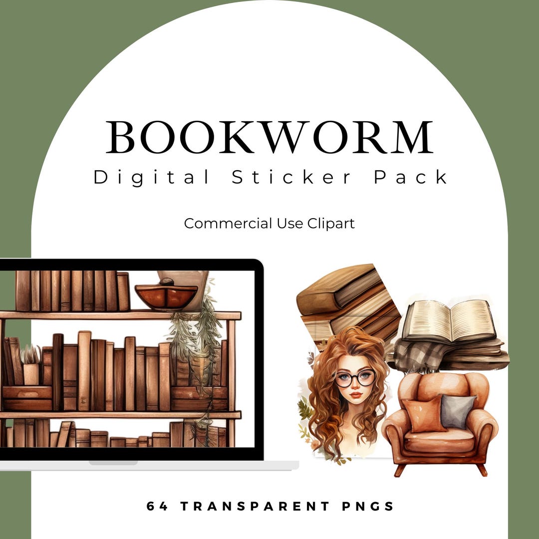 Bookworm Digital Sticker, Pre-cropped PNG Files, Cute Aesthetic Planner ...