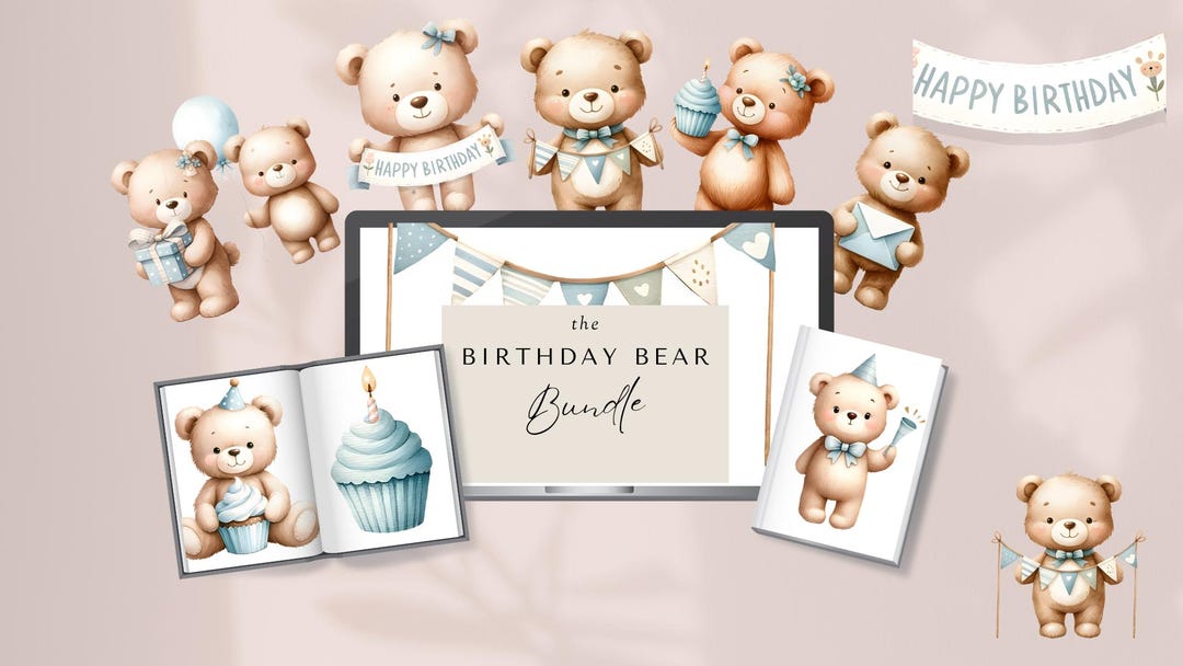 Birthday Bear Bundle, Digital, Clipart, Birthday, Bear, Bundle, Blue - Etsy
