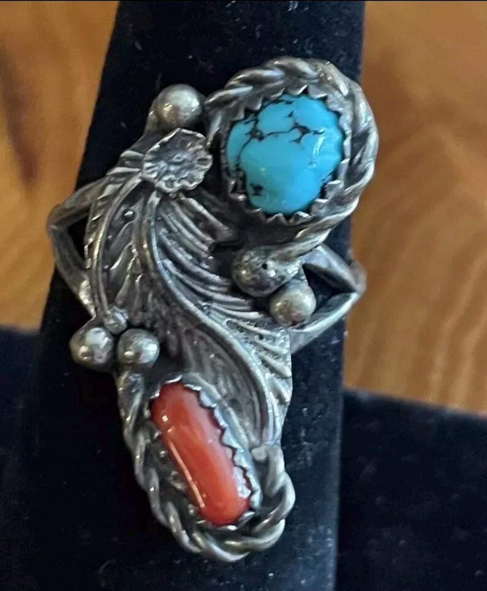 Navajo Artist Richard Begay 925 Sterling Silver Ring. Coral & Turquoise ...