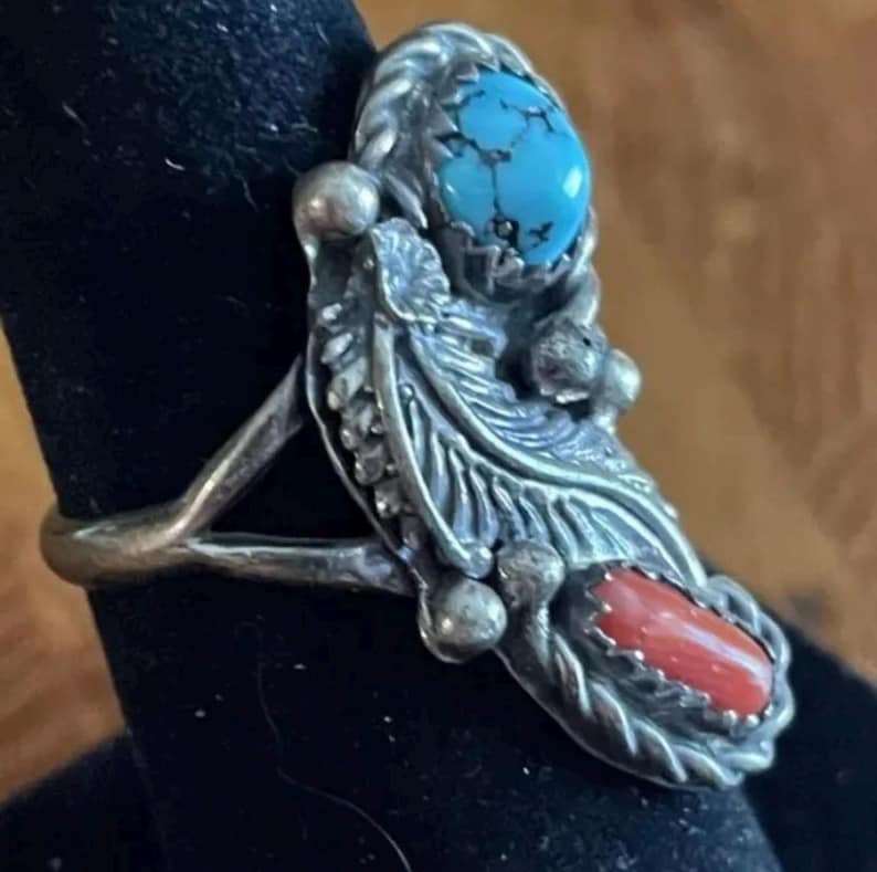 Navajo Artist Richard Begay 925 Sterling Silver Ring. Coral & Turquoise ...