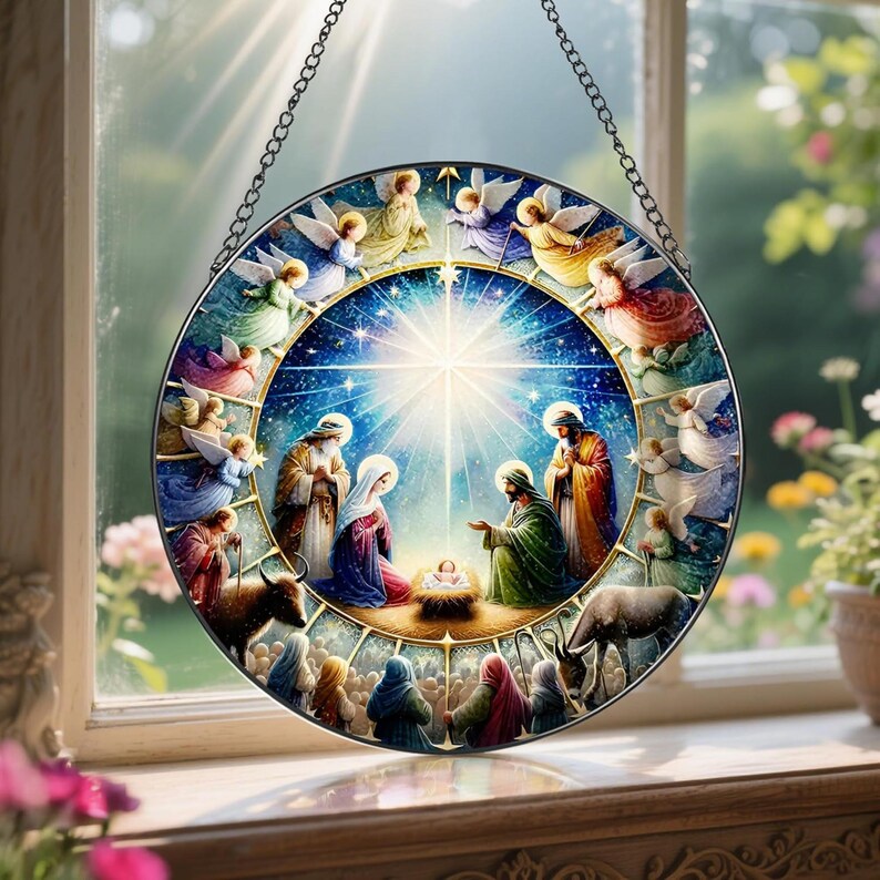Nativity Scene Stained Glass Suncatcher for Window, Christian Decor ...