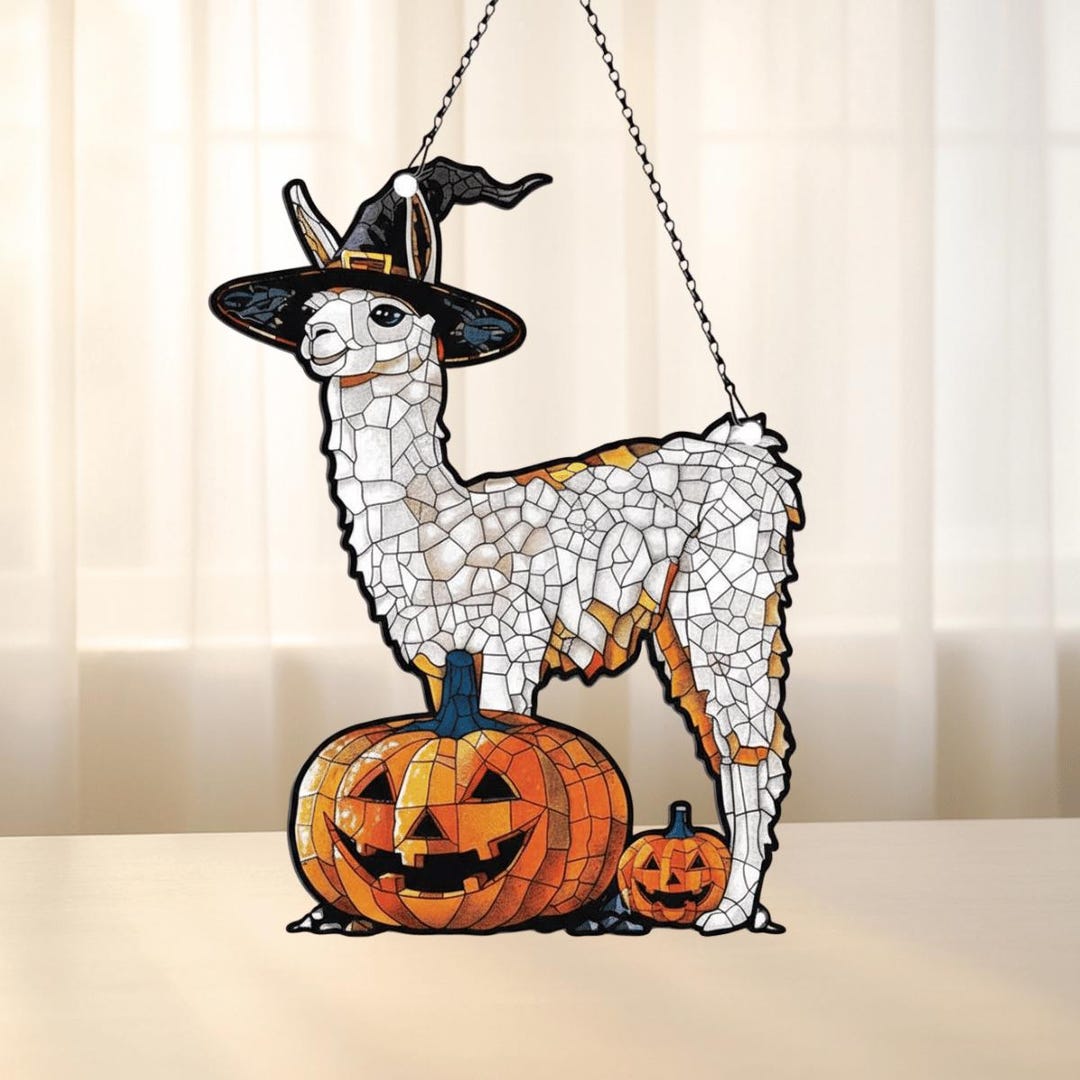 Llama With Witch Hat Halloween Suncatcher, Acrylic Window Hanging ...