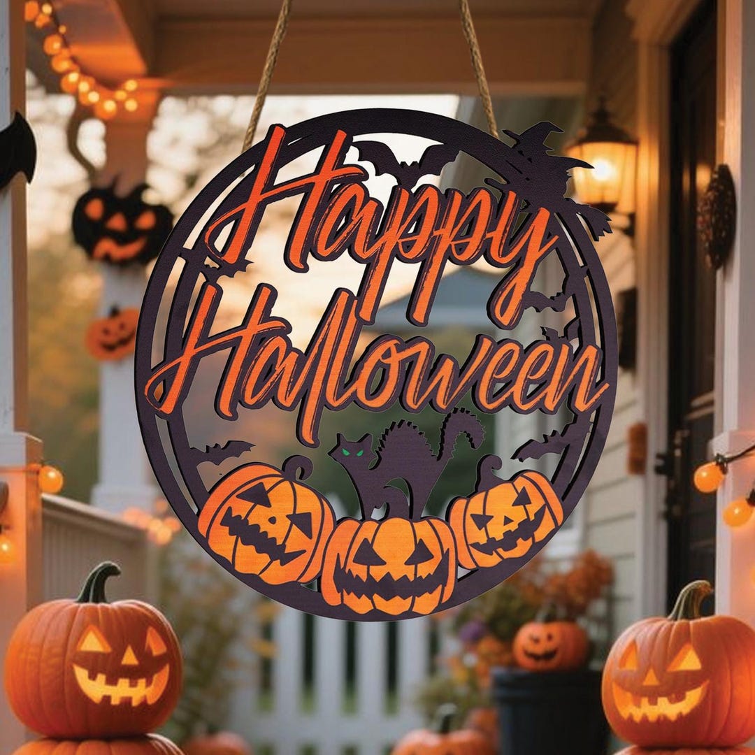 Spooky Halloween Welcome Sign for Front Door Wall, Pumpkin With Black ...