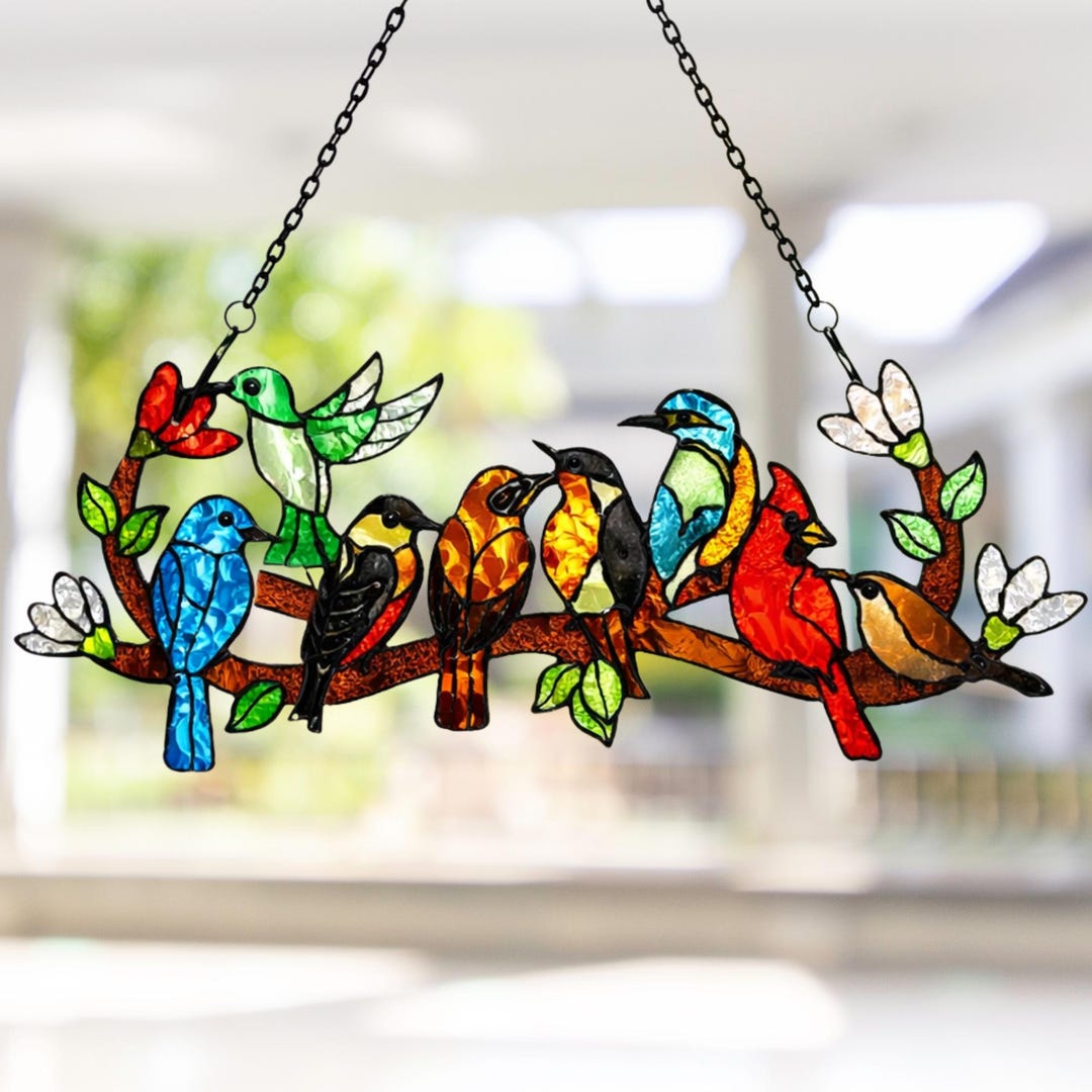 Bird Suncatcher, Birds on Branch Stained Acrylic Style Suncatcher ...