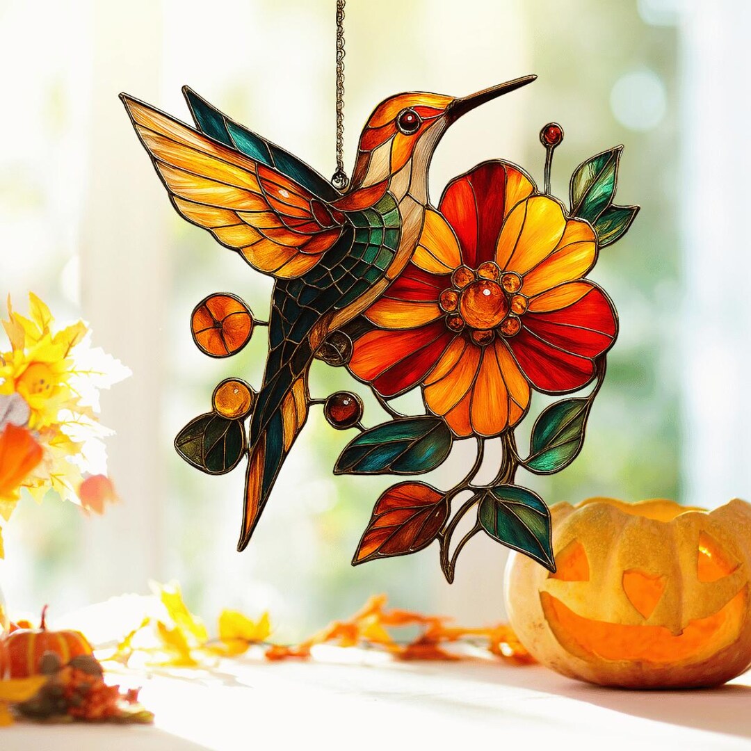 Halloween Hummingbird and Flower Suncatcher, Floral Acrylic Window ...