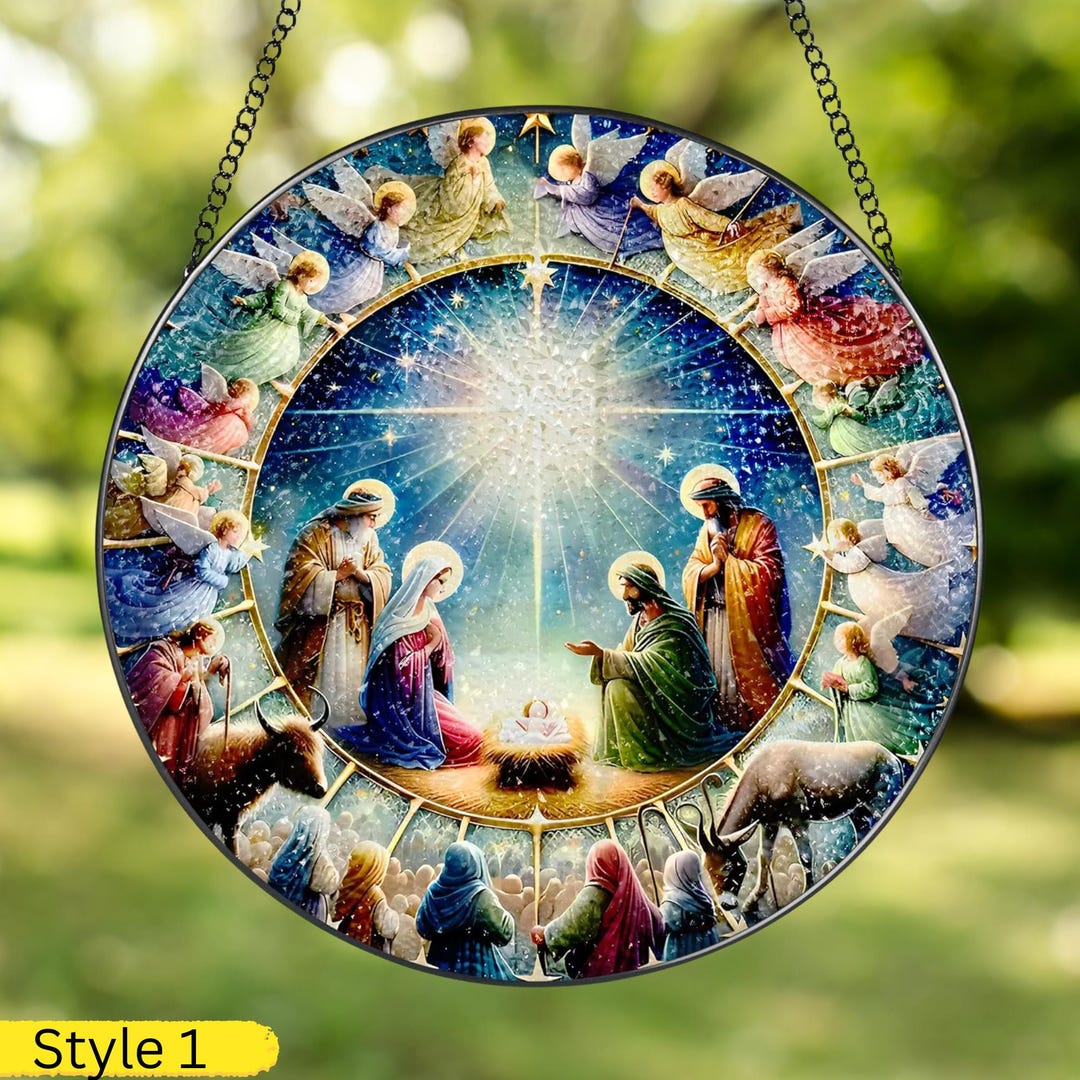 Nativity Scene Stained Glass Suncatcher for Window, Christian Decor ...