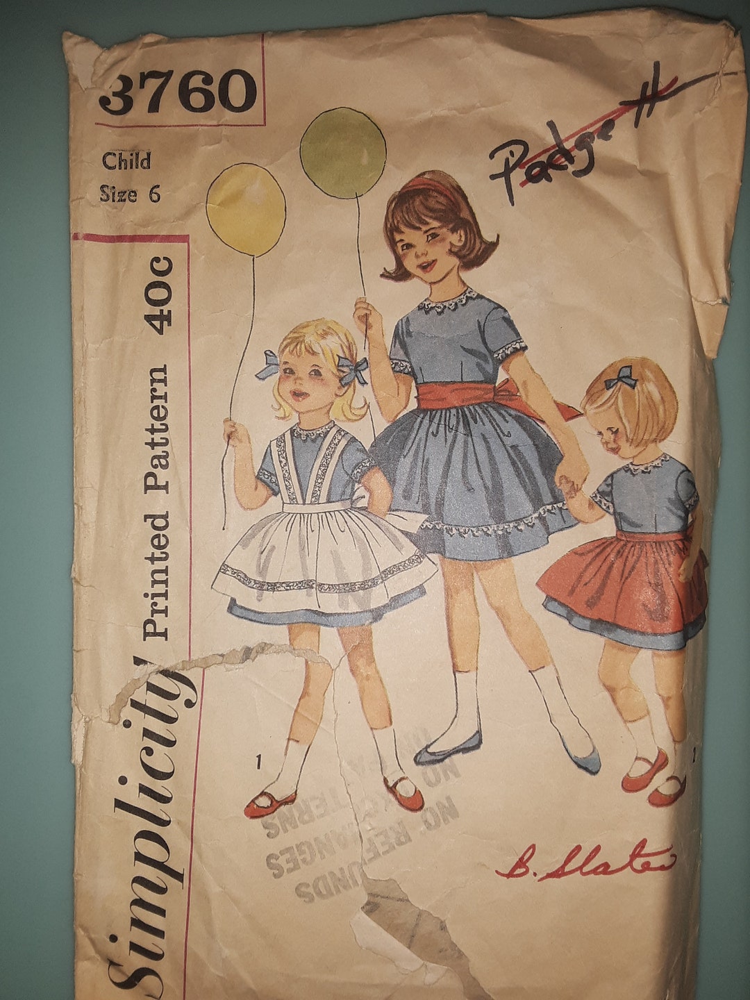Simplicity 3760 Child Pinafore, Dress, and Apron Vintage Pattern 1960s ...