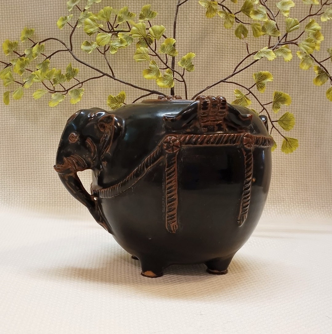 Khmer Empire Elephant Lime Pot, Dark Brown Glaze, Angkor Pottery ...