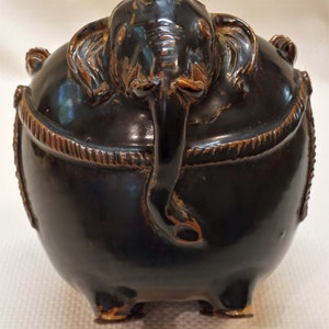 Khmer Empire Elephant Lime Pot, Dark Brown Glaze, Angkor Pottery ...
