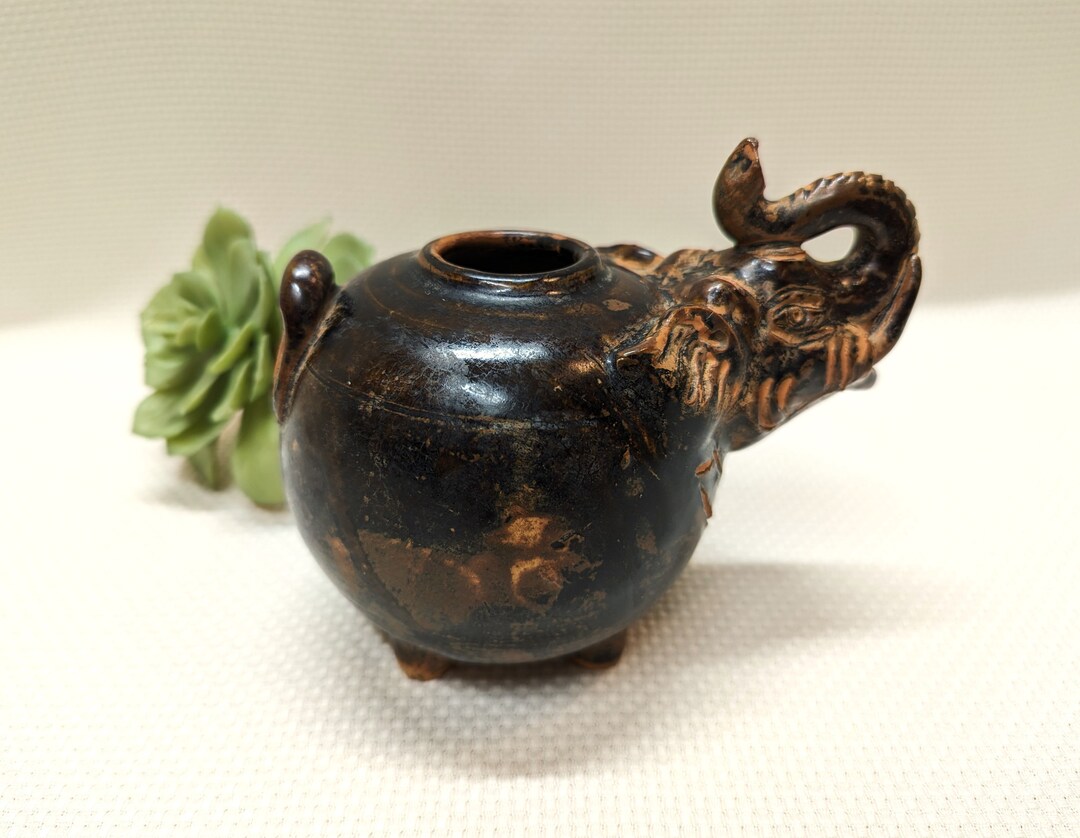 Rustic Elephant Pot, Brown Glaze Stoneware Asian Elephant Jar, Round ...
