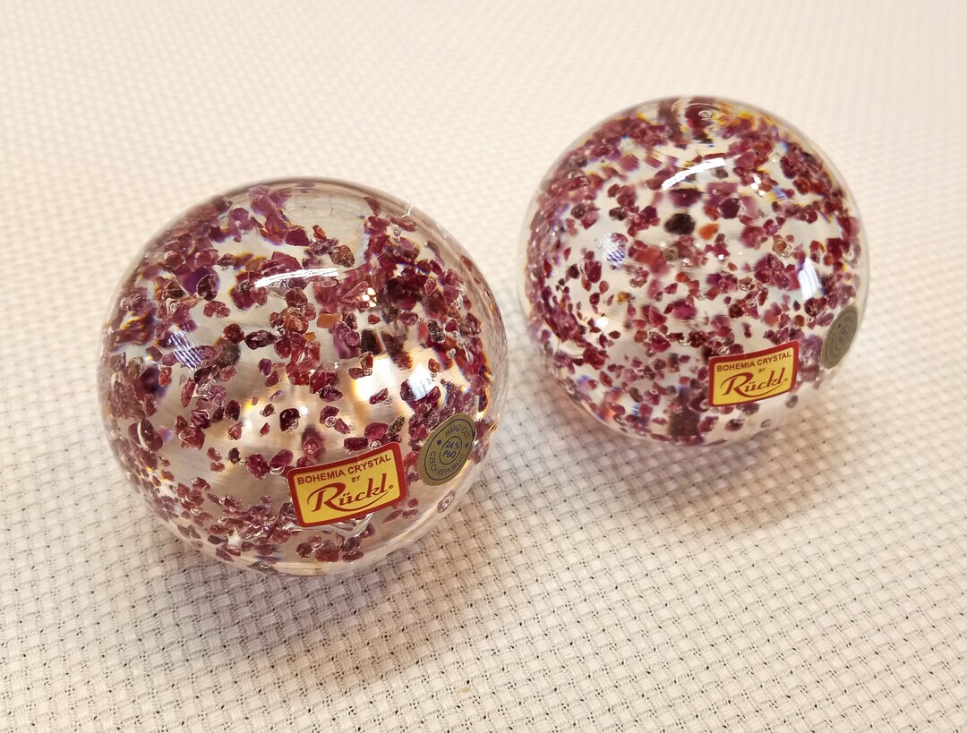 Pair of Ruckl Crystal Paperweights Inlaid With Czech Garnets, Bohemian ...