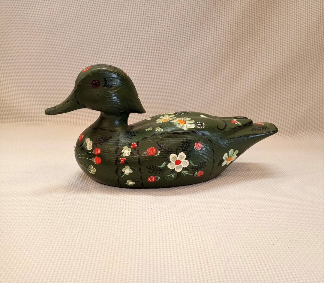 Wood Duck, Hand Carved, Duck With White Daisies, Hand Painted ...