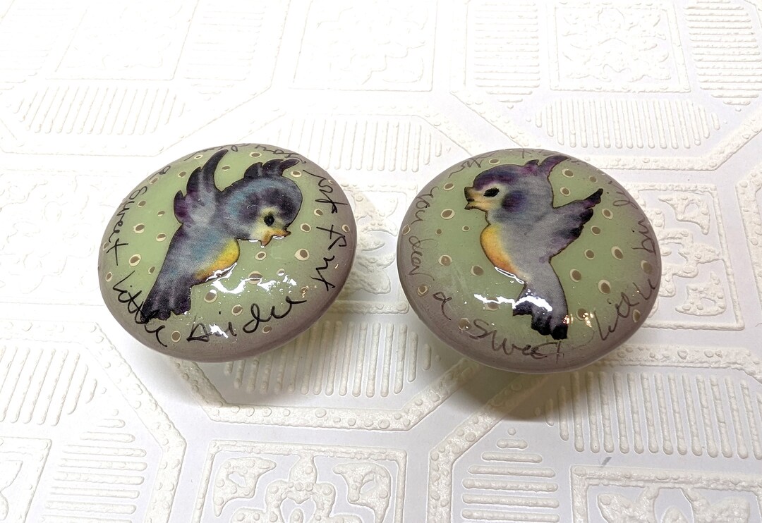 Blue Birds on Soft Green 2 Drawer Knobs, Set of 2, Hand Painted Wood, Vintage 40s Style, Nursery ...