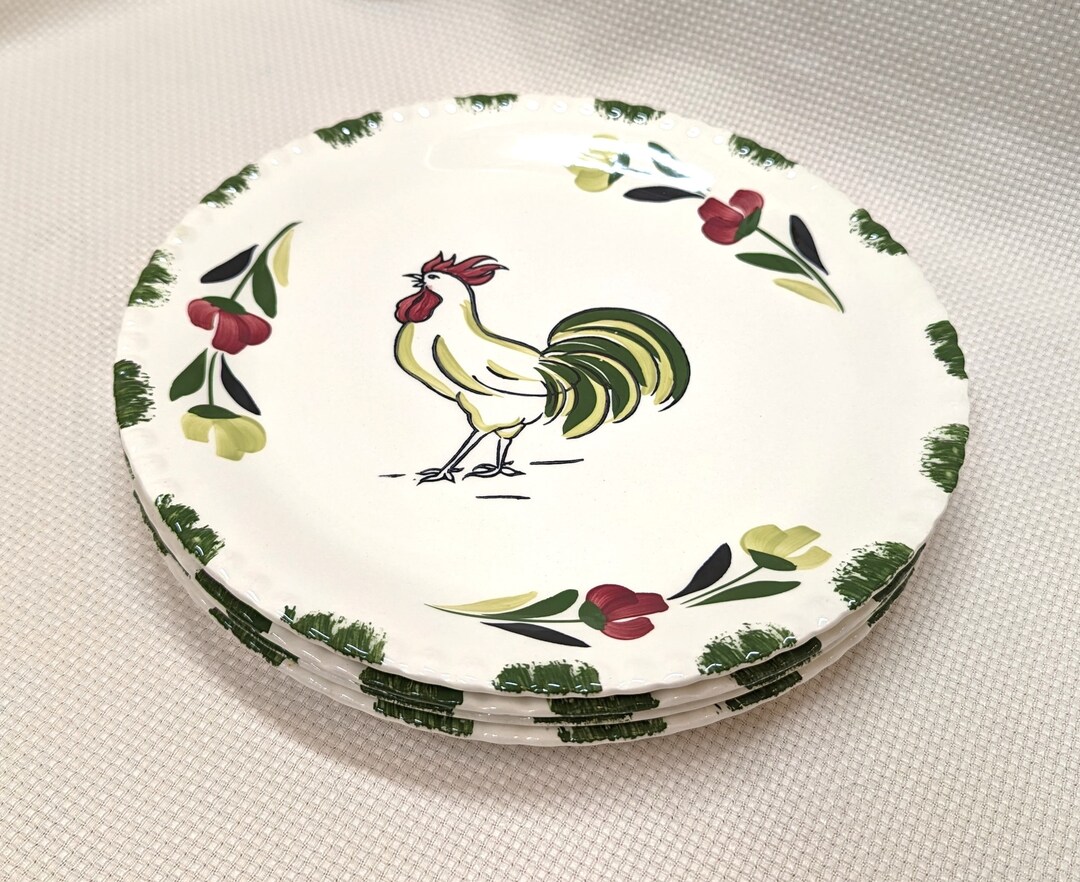 4 Dinner Plate Set, Blue Ridge Pottery, Cock O' the Walk, Rooster ...