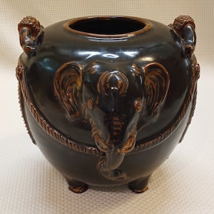 Khmer Empire Elephant Lime Pot, Dark Brown Glaze, Angkor Pottery ...