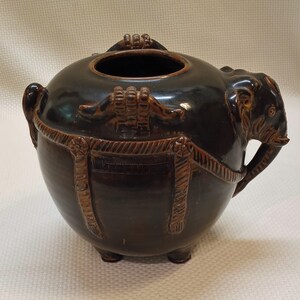 Khmer Empire Elephant Lime Pot, Dark Brown Glaze, Angkor Pottery ...