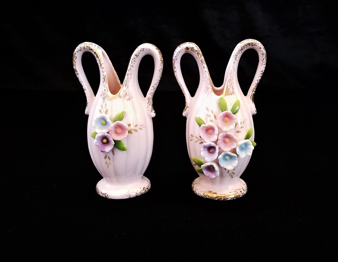 Vintage Pair Miniature Capodimonte Vases, Small Pink Floral Porcelain ...