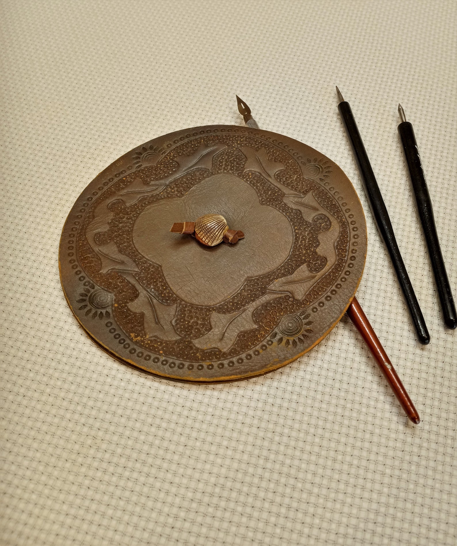 Large Antique Tooled Leather Pen Wipe, Handmade Finished Leather, 2 ...