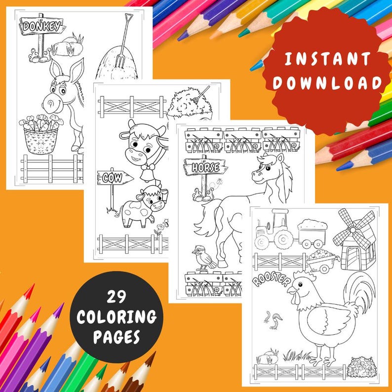 Farm Animal Coloring Book, Kids Coloring Pages, Printable Farm Coloring ...