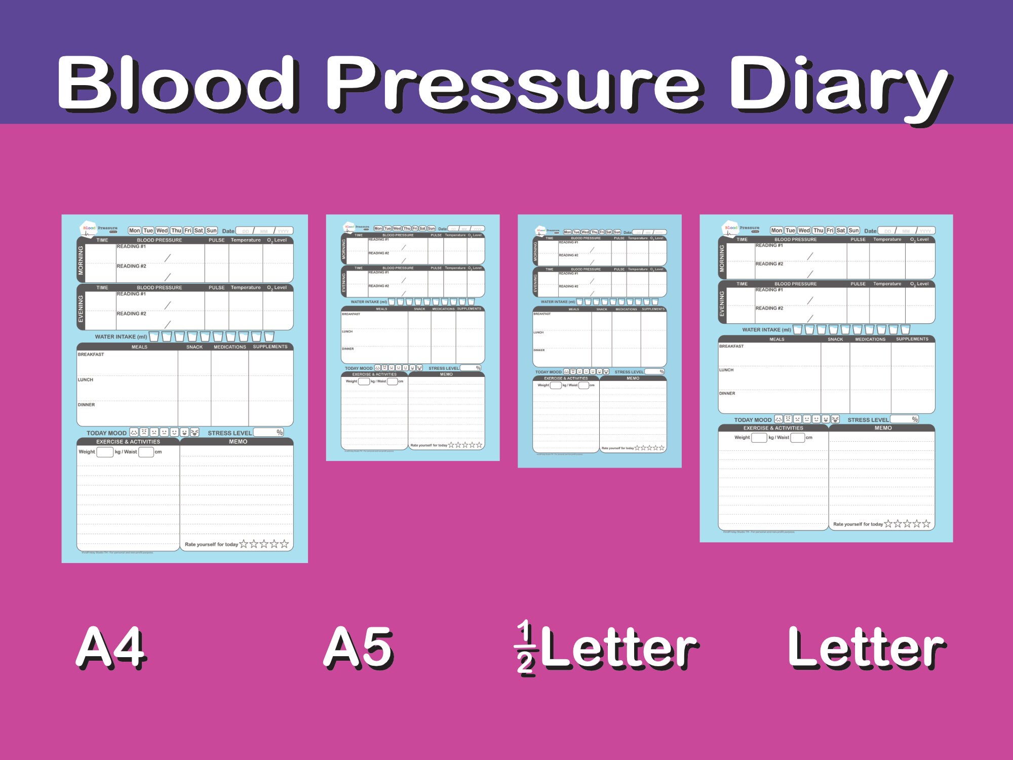 Blue Printable Blood Pressure Tracker Journal, Single Page PDF, With ...