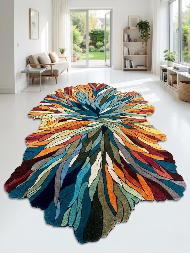 Luxury Leaf-shaped Handmade Rug — Hand-tufted Wool Rug| Multi-color ...