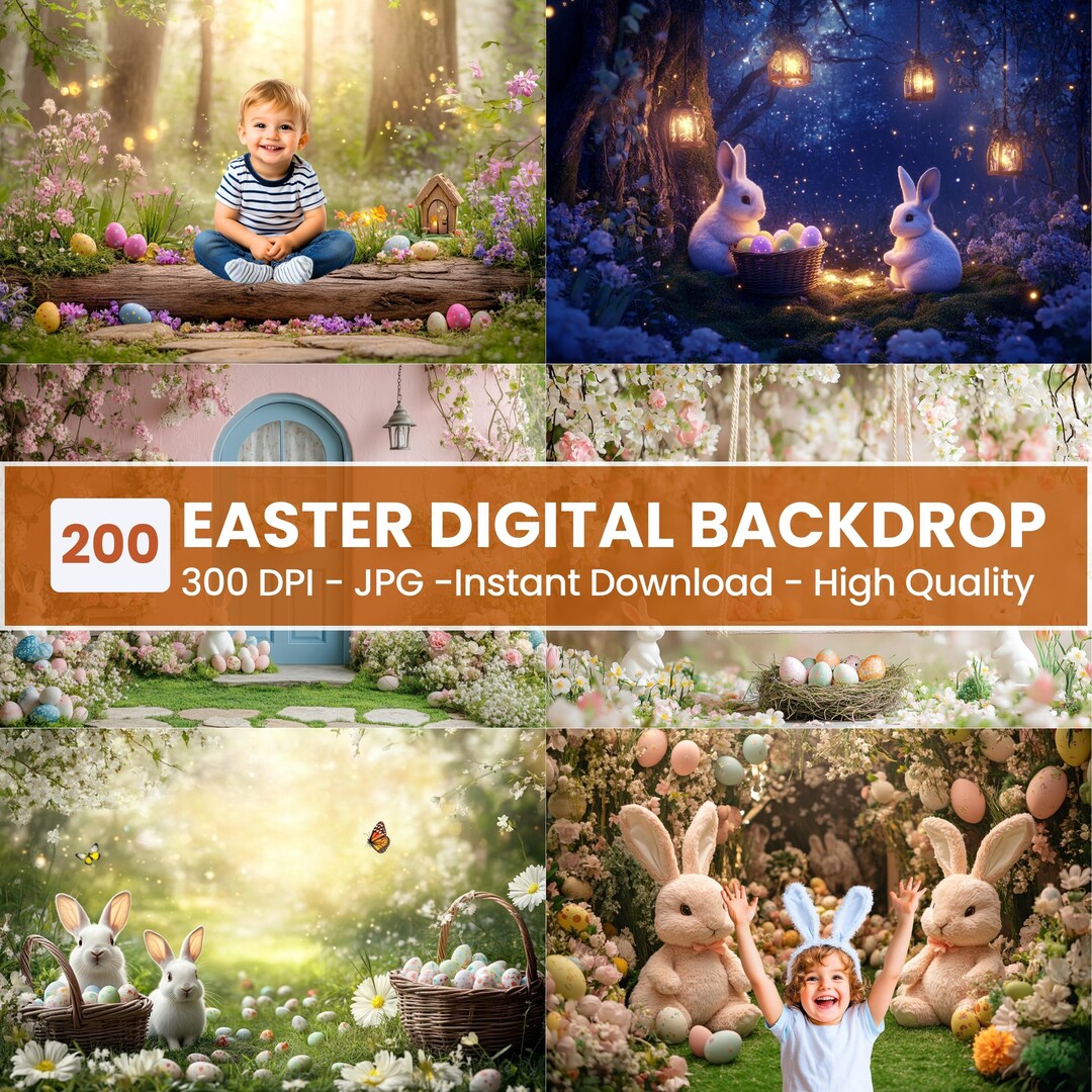 200 Digital Easter Background, Bunny, Egg Background for Kids, Spring ...