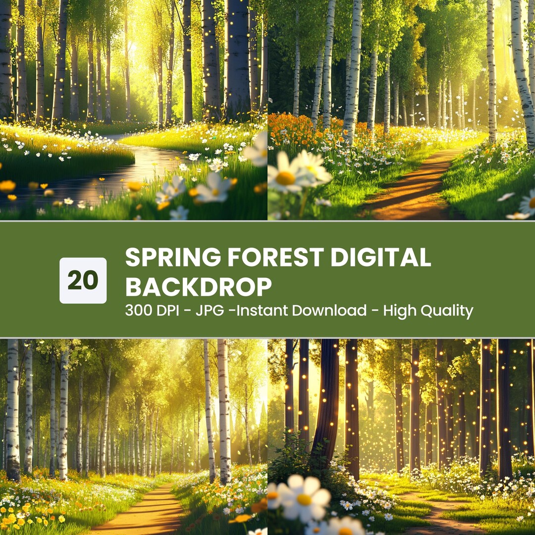 Spring Forest Digital Backdrop Overlay With Daisy Flowers Lush Green ...