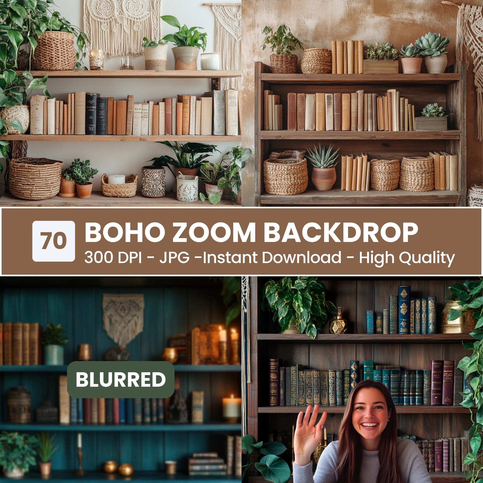 Boho Home Office Zoom Background | Rustic Shelves Backdrop for Virtual ...