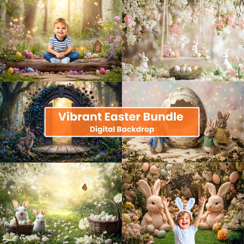 200 Vibrant Easter Digital Backdrop: Bunny & Egg Design – Kids Spring ...
