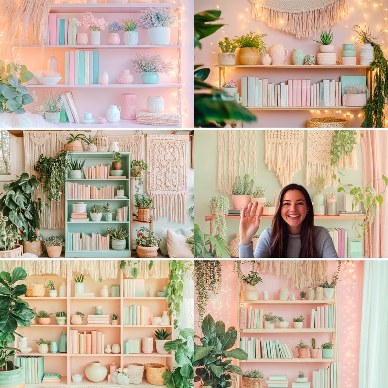 Boho Home Office Zoom Background | Rustic Shelves Backdrop for Virtual ...