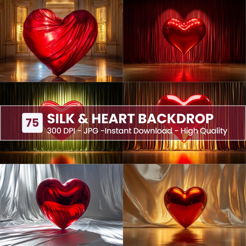 Digital Valentines Day Heart Backdrops, Fabric Romantic Red Digital ...
