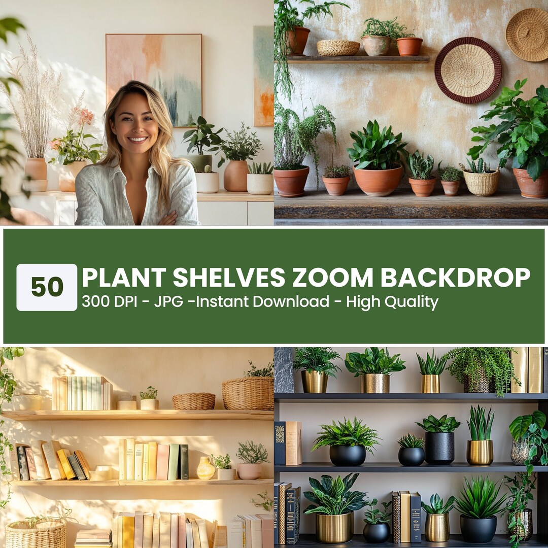 Greenery Shelving Digital Backdrop: Plants Virtual Meeting Background ...