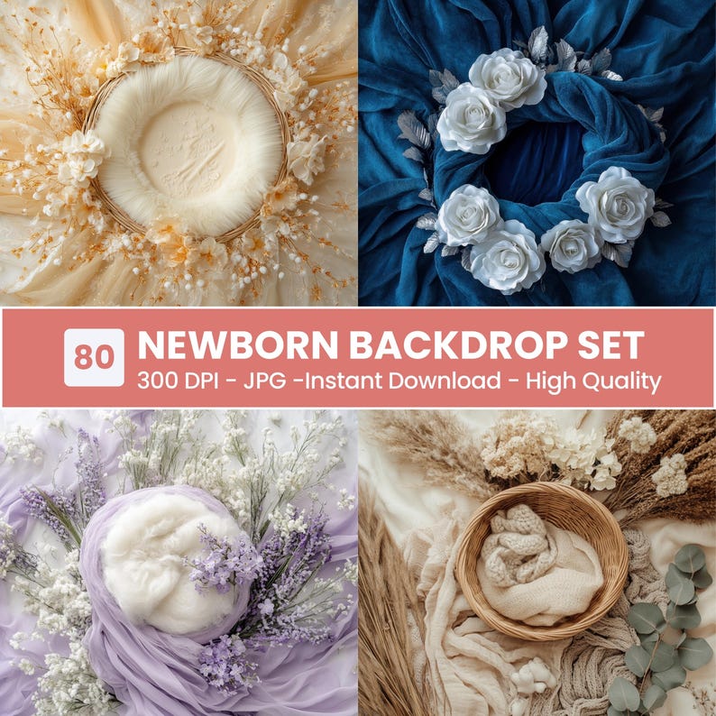 80 Floral Newborn Digital Backdrops, Neutral Boho Baby Backgrounds ...