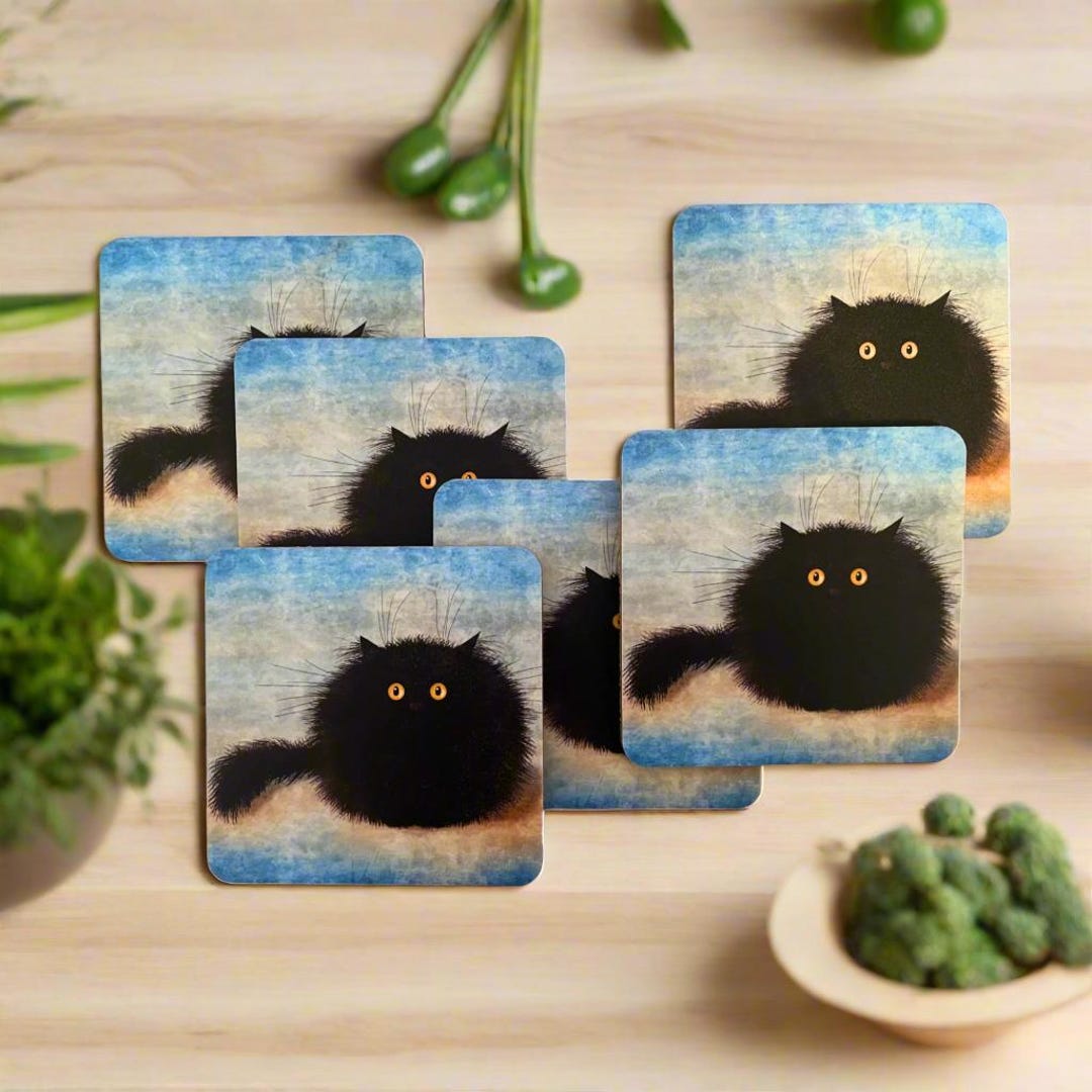 Black Cat Coasters, Fluffy Kitten Art, Cat Lover Gift - Etsy UK