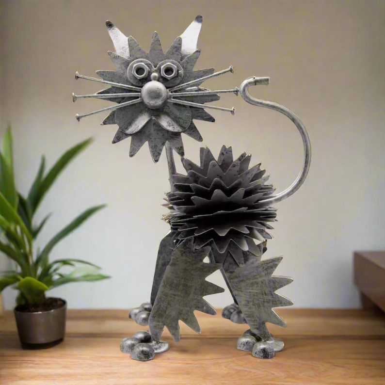 Metal Cat Sculpture, Cat Figurine, Cat Statue, Scrap Metal Standing Cat ...
